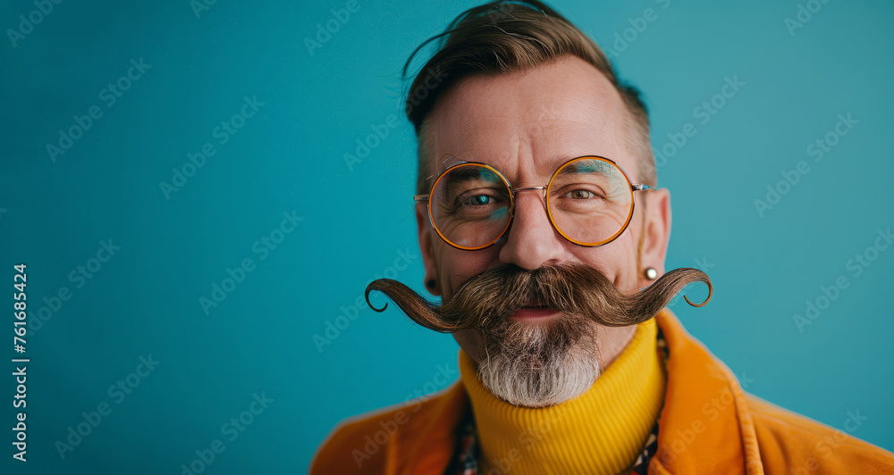 A man with a very large mustache is looking at the camera. mustache is ...