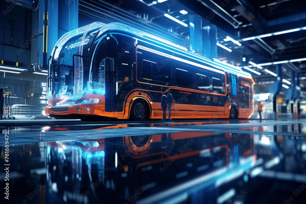 Futuristic scene of advanced electric vehicle assembly line at state-of ...