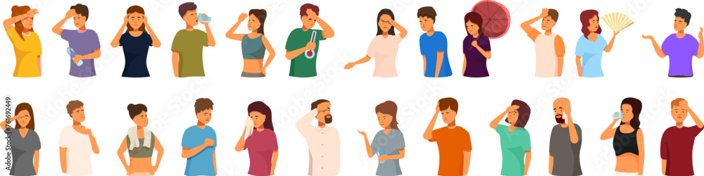 Sunstroke icons set cartoon vector. Person climate dehydration. Warming ...