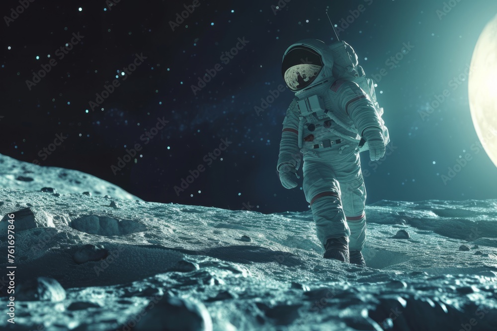 An astronaut wearing a spacesuit walks on the moons surface, with a full moon visible in the ...
