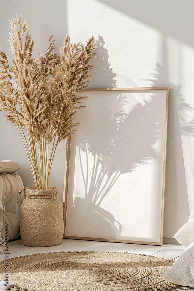 Beige wooden poster frame mockup on the floor leaning against the wall ...