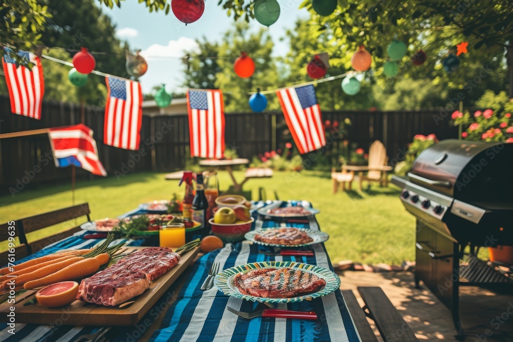 An outdoor barbecue featuring a grill, plates of food, and American ...