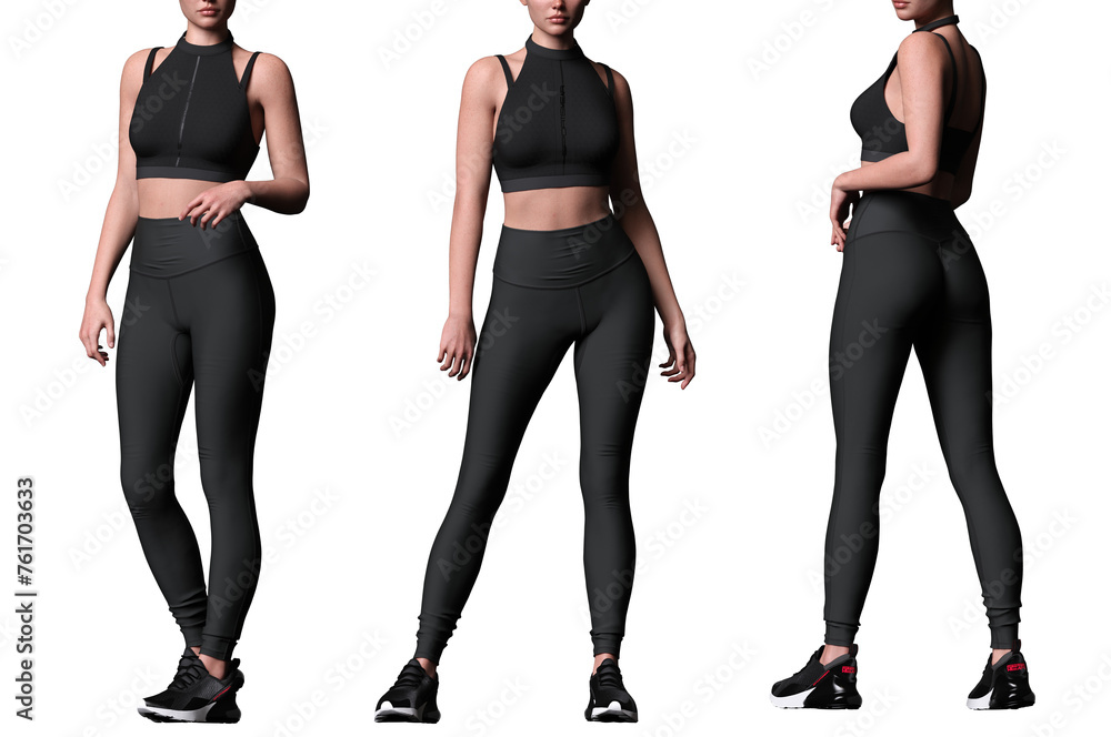black sports bra and pants on standing pose model isolated 3d rendering ...