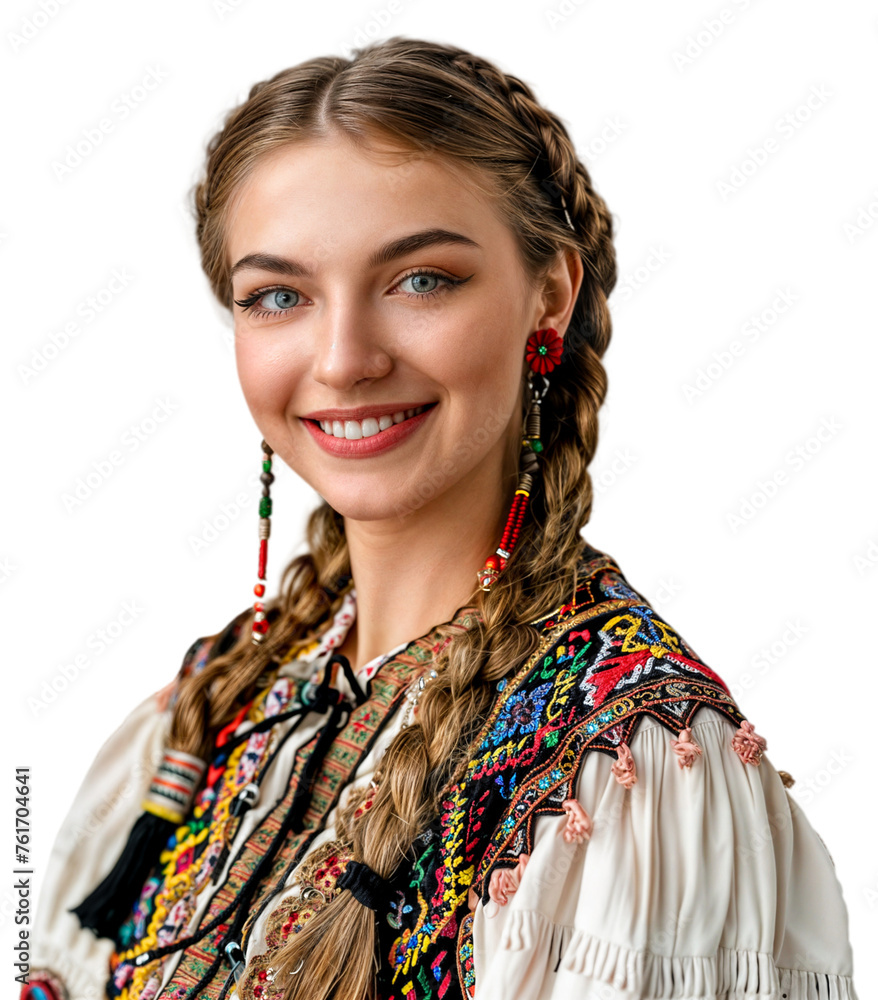 Portrait of a smiling Eastern European woman with fair skin and braided ...