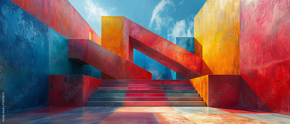 Colorful geometric shapes casting long, overlapping shadows on a ...