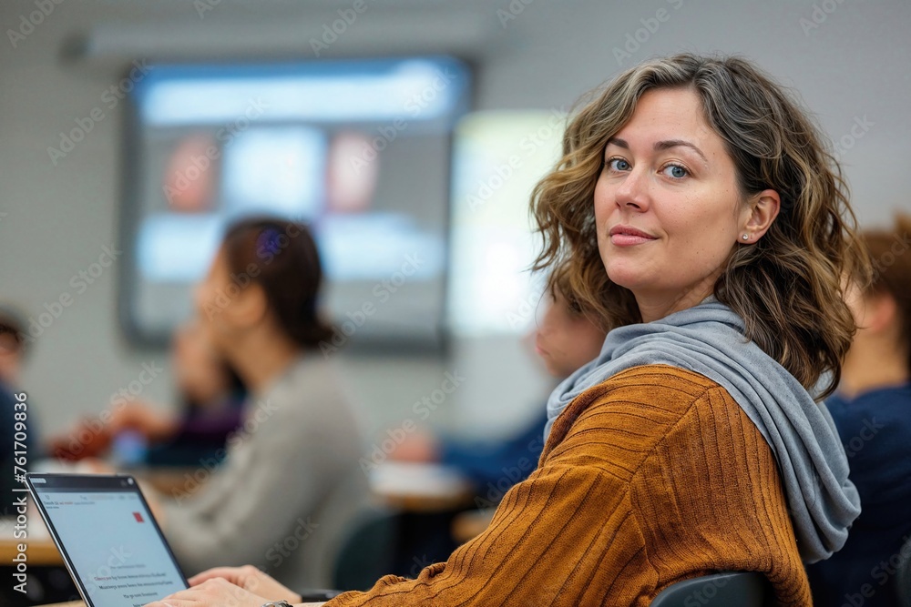 Confident student woman in a classroom. Female over age student looks ...