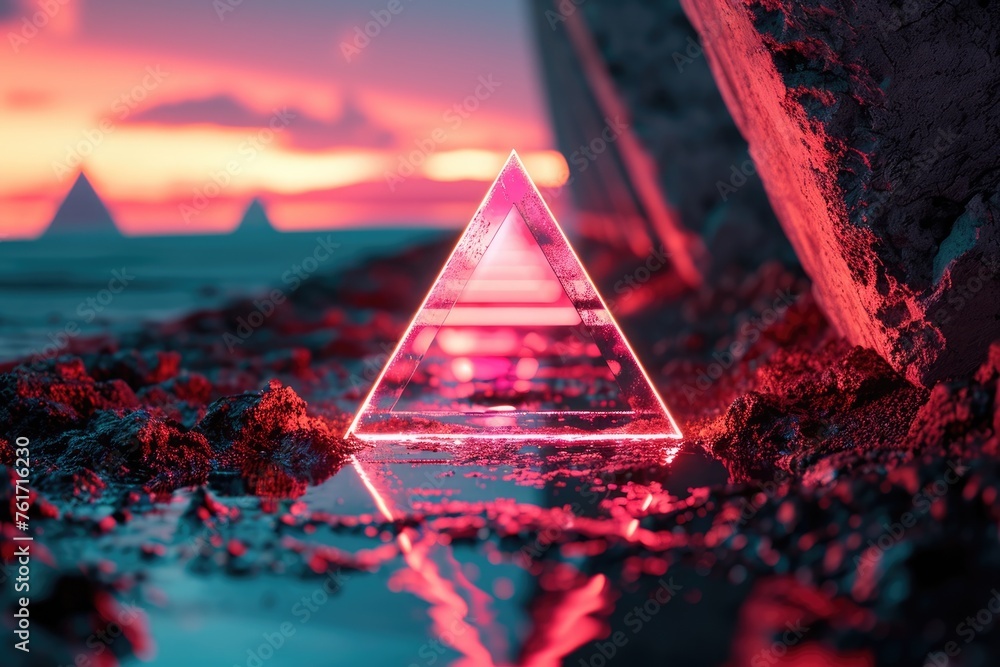 The crystal clear triangle red prism that has been put on the wet floor ...