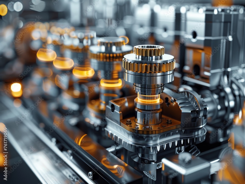 3D model of an engine block being assembled, close-up on the ...