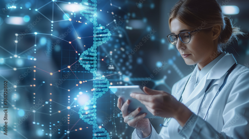 Female doctor using an electronic tablet. DNA. Digital healthcare ...