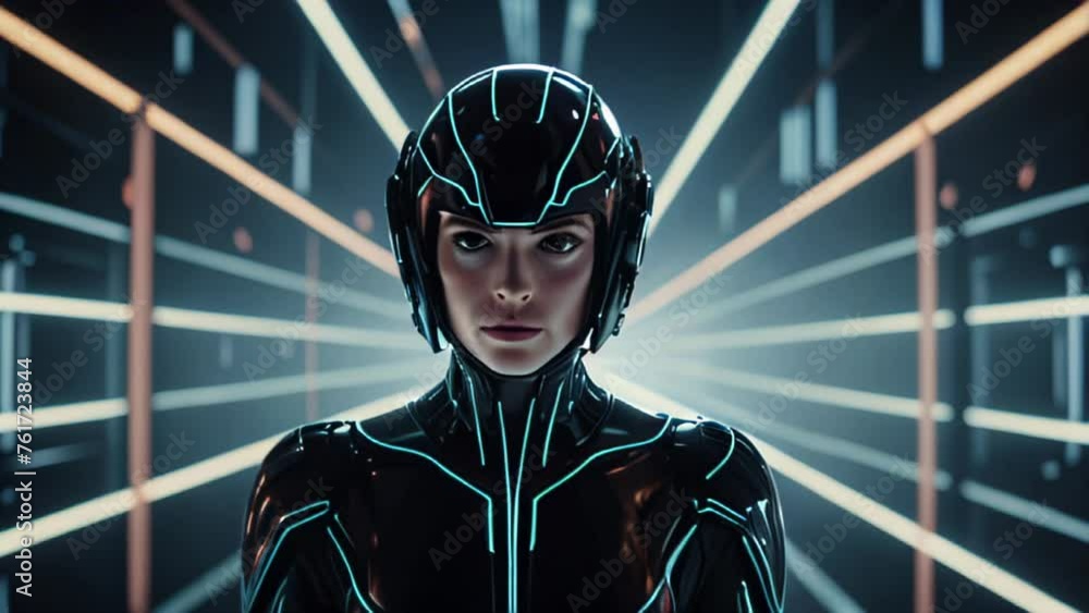 A cyber girl weraing in helmet and cyber suit stands amidst a network ...