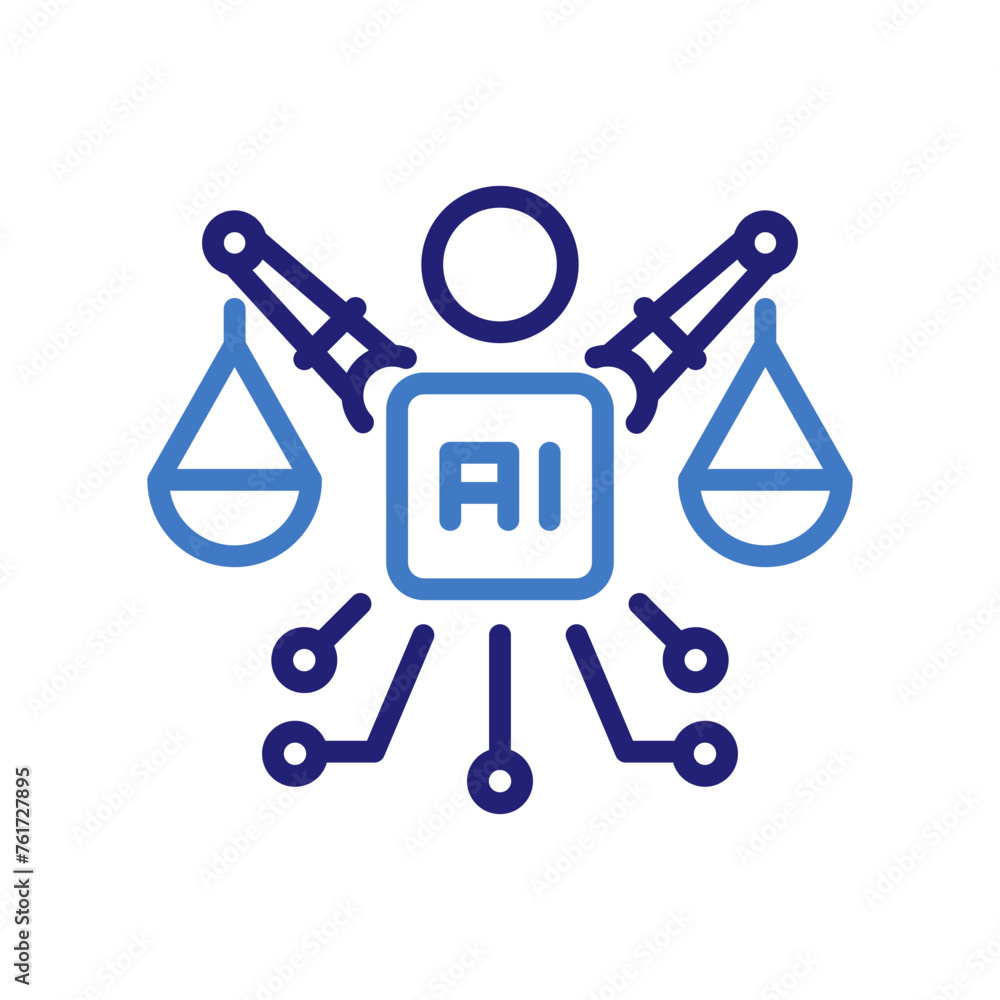 AI Ethics icon with robot with circuits and AI chip holding balance ...