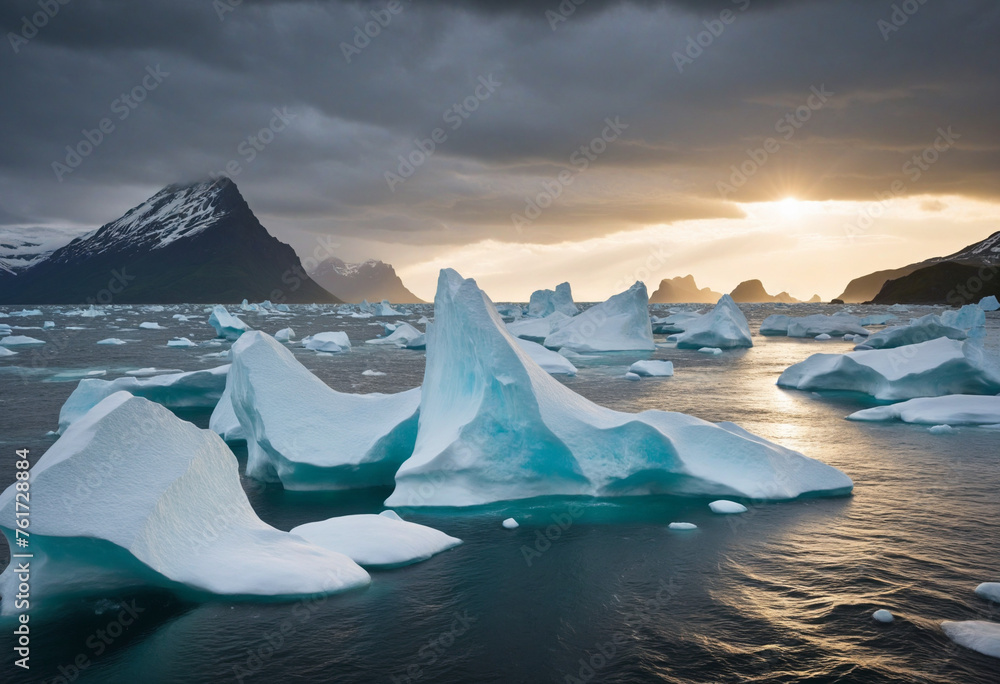 Conceptual of climate change and global warming with melting icebergs ...