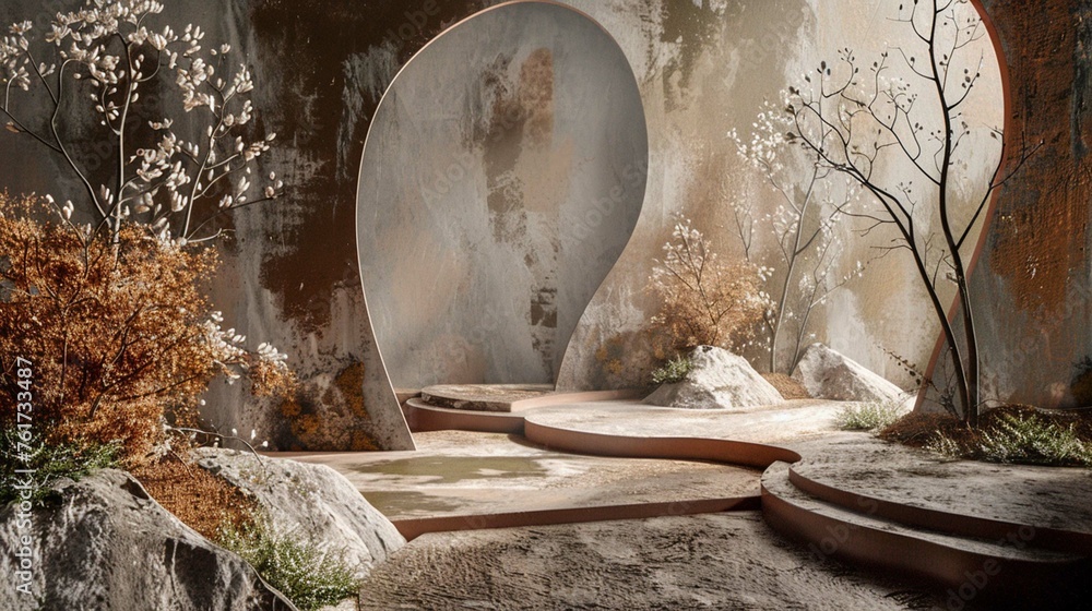 An abstract stage design inspired by nature, featuring organic shapes ...