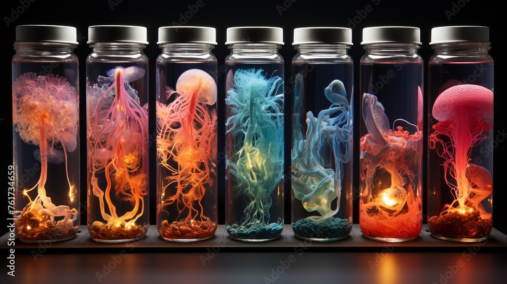 glass medical jars with multi-colored neurobiological anatomical organs ...