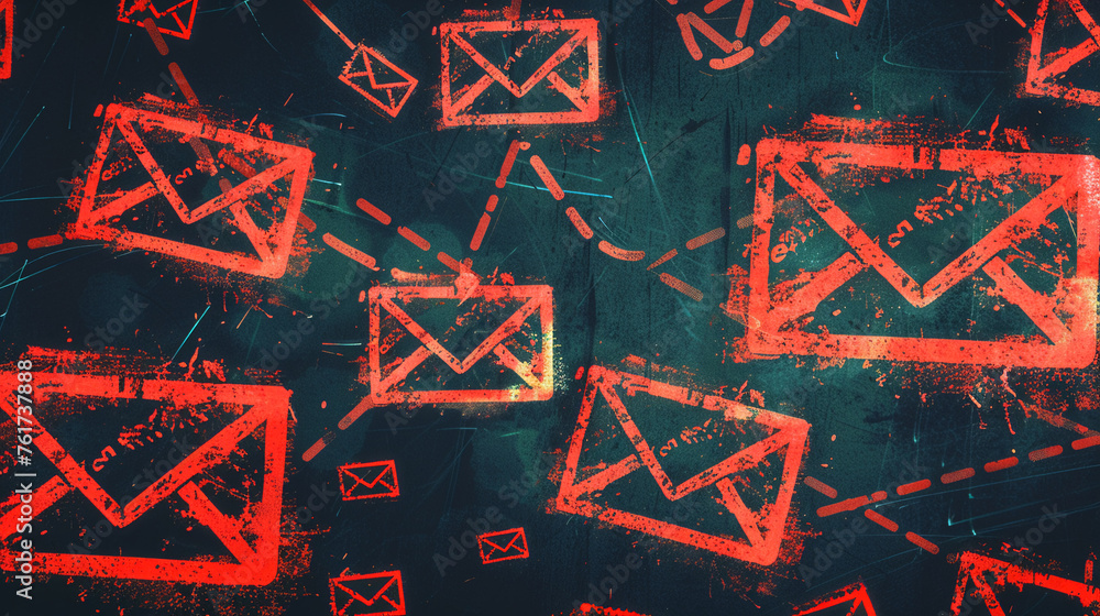 Email inbox filled with spam messages each marked with a warning icon for potential threats ...