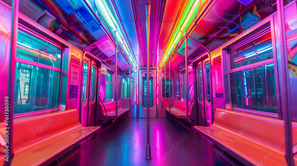 The interior of a subway train lit by vibrant neon lights captured in a ...