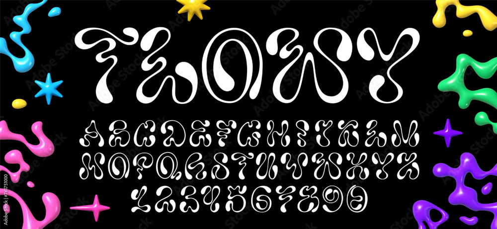 Fluid Y2K font, modern typeface alphabet with numbers. Calligraphic ...