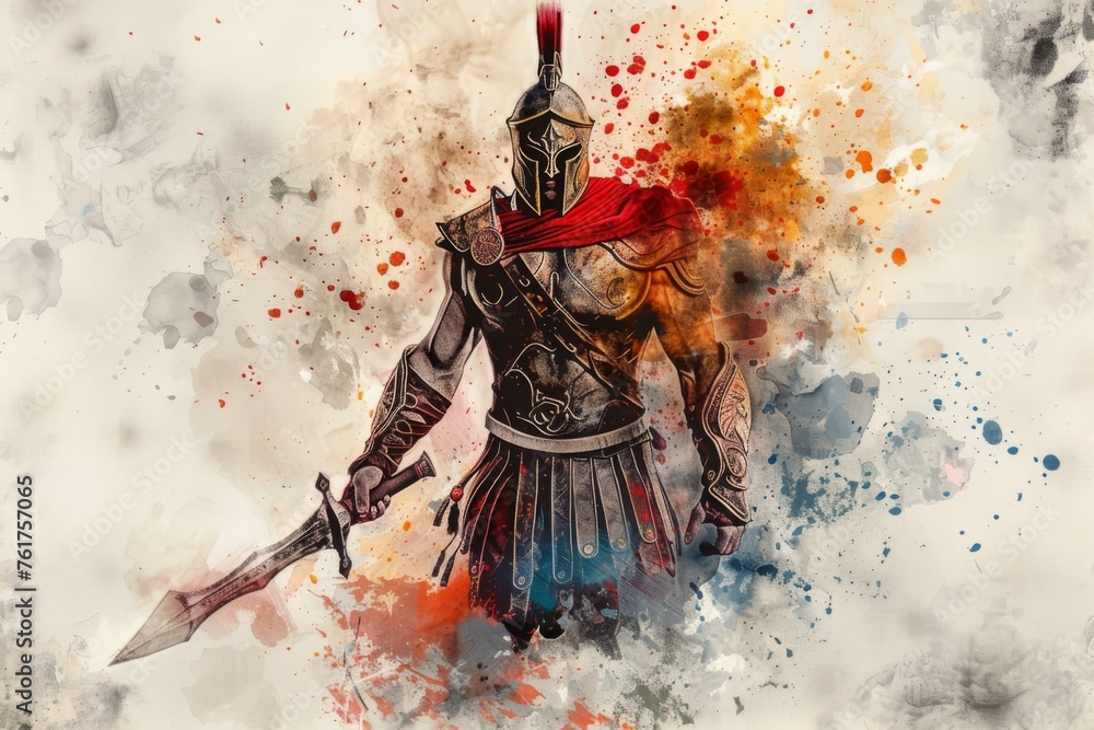 Ares God of War captured in a Greek mythology-inspired watercolor armor ...