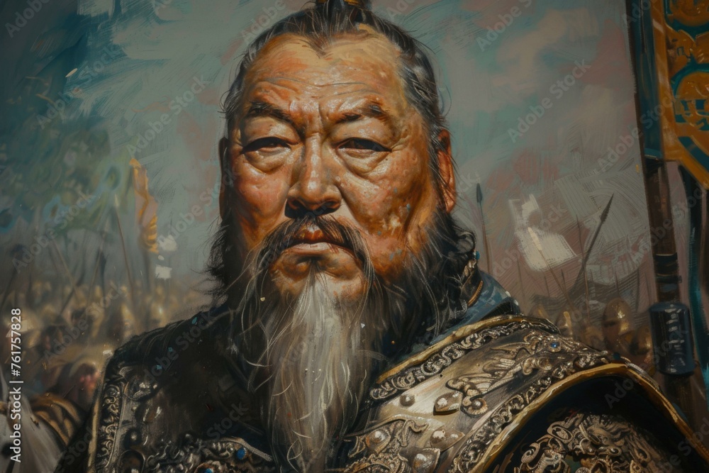 Genghis Khan Mongol Leader portrayed in an oil painting as historical ...