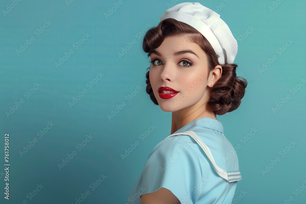 vintage retro looking 60s style pinup nurse on a pastel blue solid ...