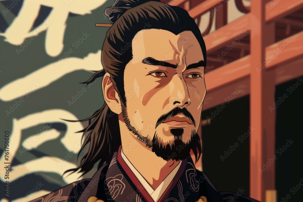 Oda Nobunaga, Japanese daimyo illustrated as a cartoon samurai warrior ...