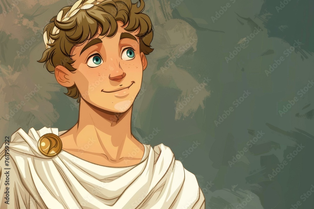 Apollo in a toga and laurel wreath portrayed as a cheerful Greek god in ...