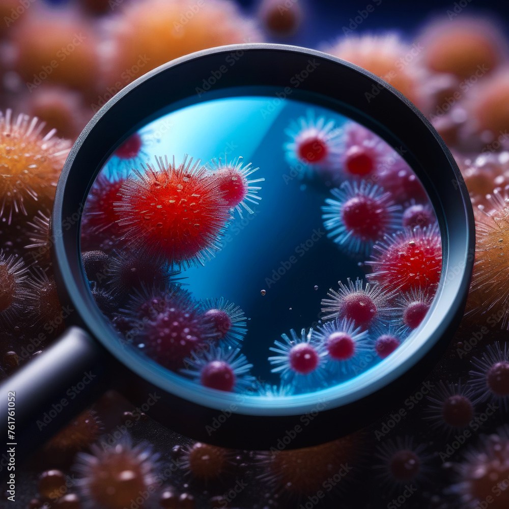 Colorful macro virus close up under a magnifying glass illustration ...