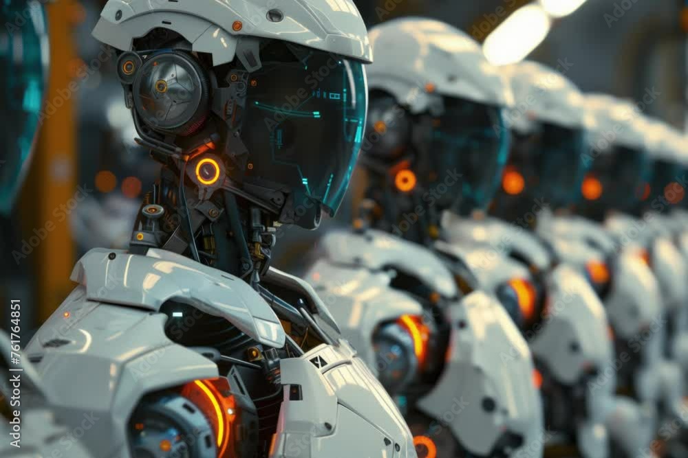 3d rendering of leader human robot portraits with robotics army ...