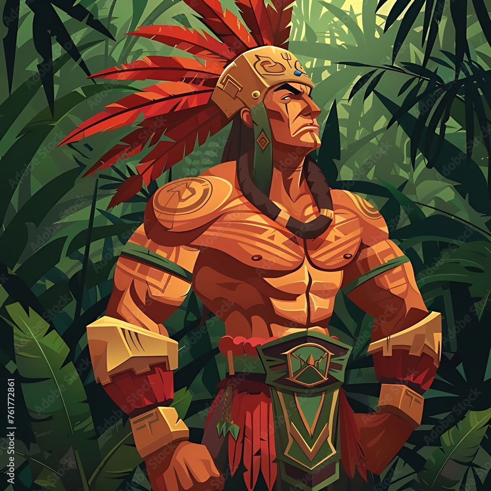 Aztec Warrior: Muscular jungle explorer, Adventure concept. Swollen ...