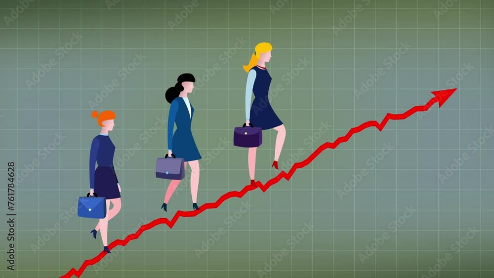 Cartoon business women going up the chart graph. Business character ...