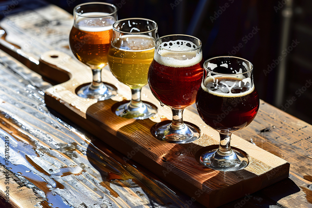 Flavor and aroma beers of a saison on a wooden board. Craft beer ...