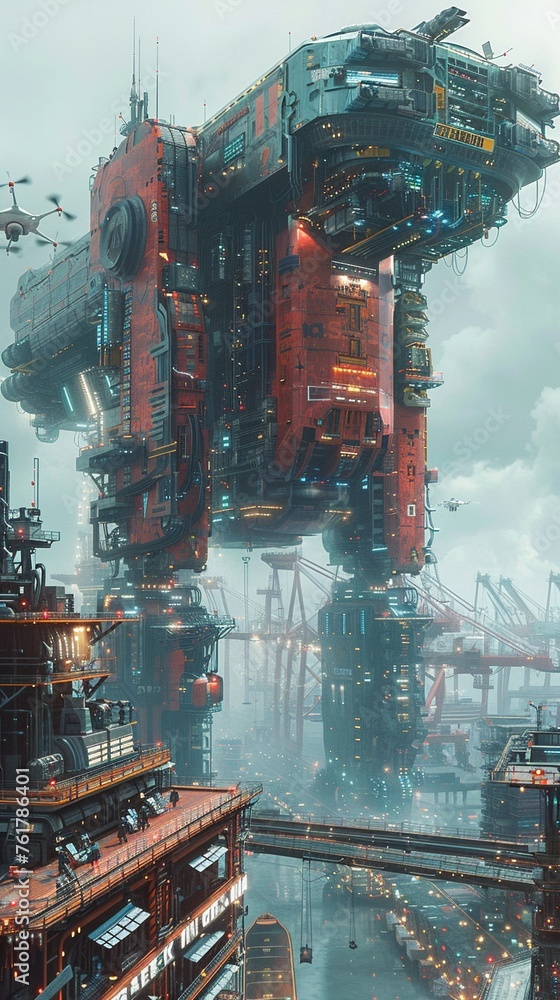 At a bustling port automated robots and drones work in harmony to ...