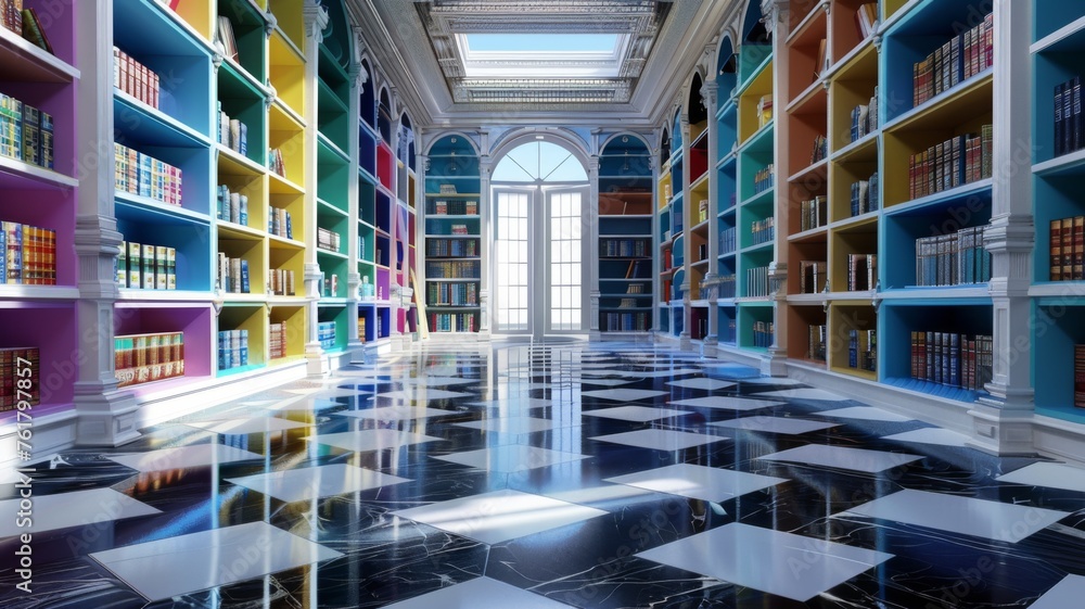 Modern library interior with checkerboard floor - A sleek and spacious ...