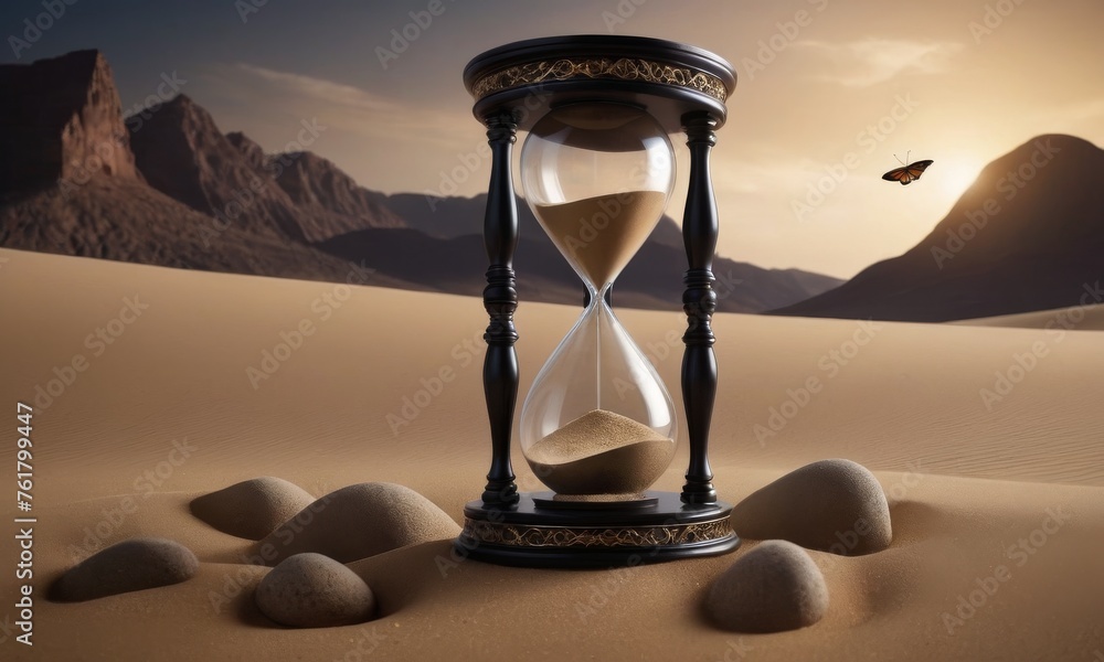 An hourglass stands amidst a vast desert, its sands falling slowly as ...