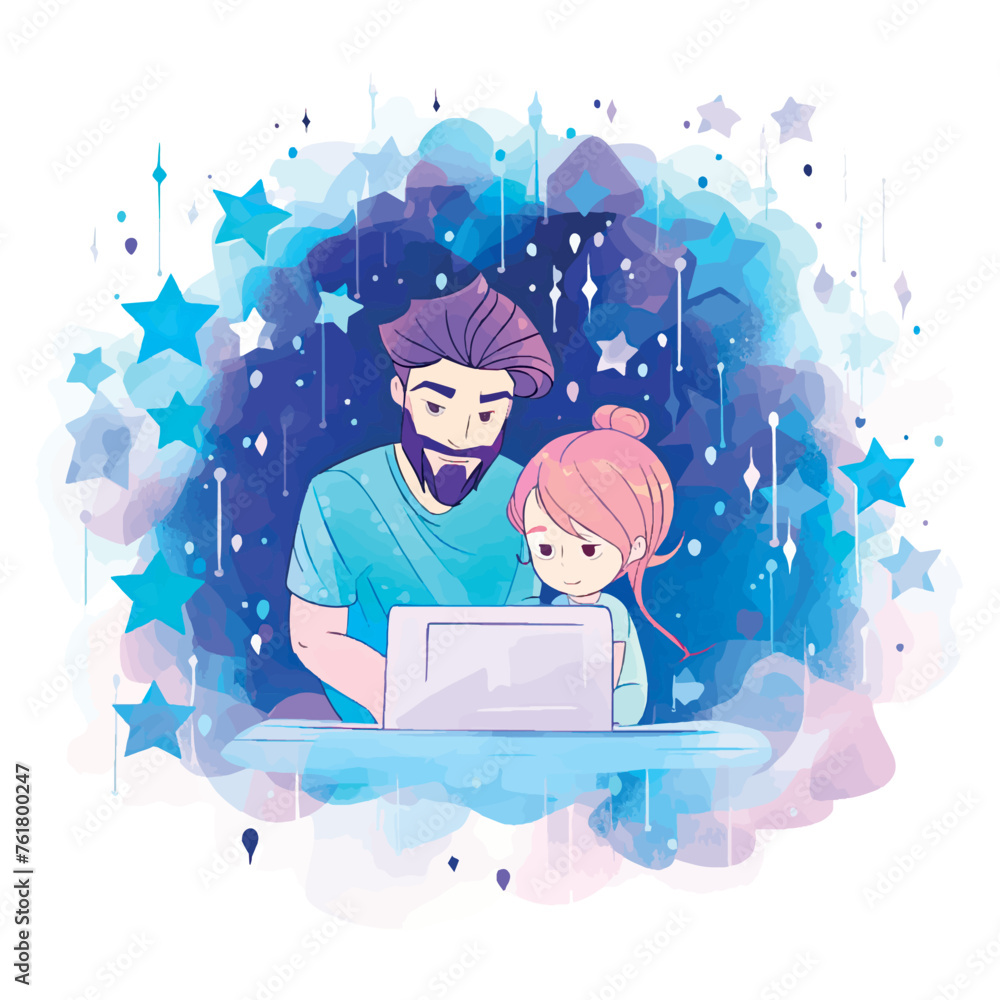 Vecteur Stock Illustration of dad and child with laptop. Distance ...