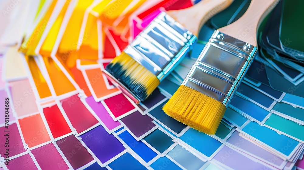 Color palette with brush and roller, paint color sample catalog guide ...