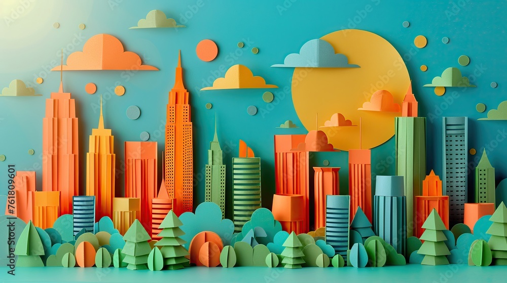 Bright simple colors in a papercraft portrait of a city skyline Stock ...