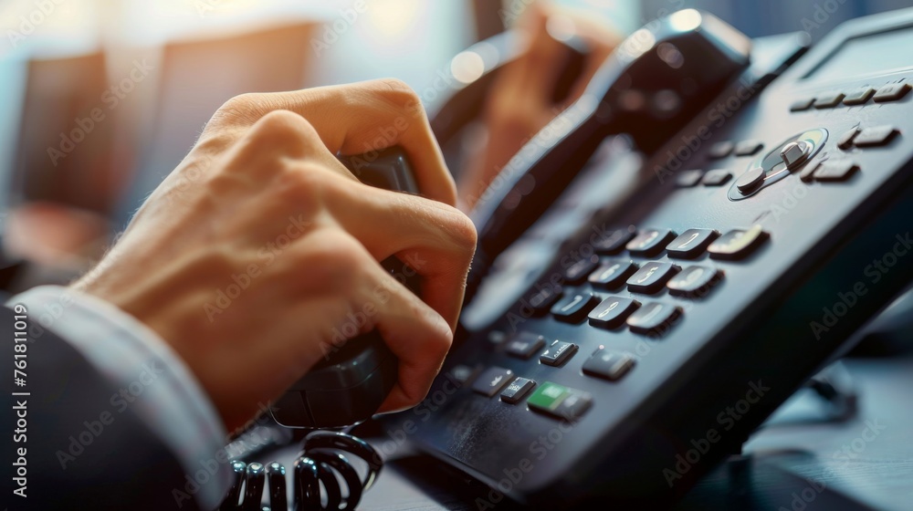 A businessman's hand reaching for a telephone receiver, set in a ...