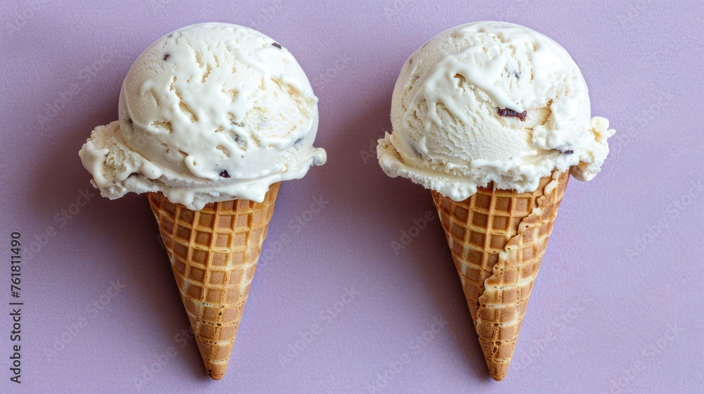 two scoops of ice cream sitting on top of each other on top of a purple ...