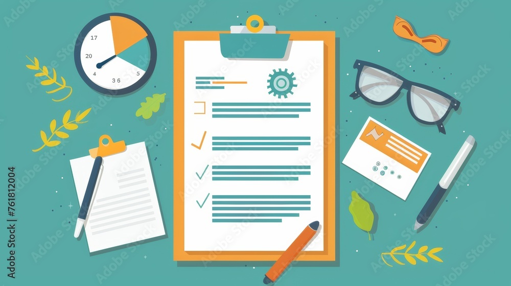 A modern flat design of a clipboard, complete with document and pen ...