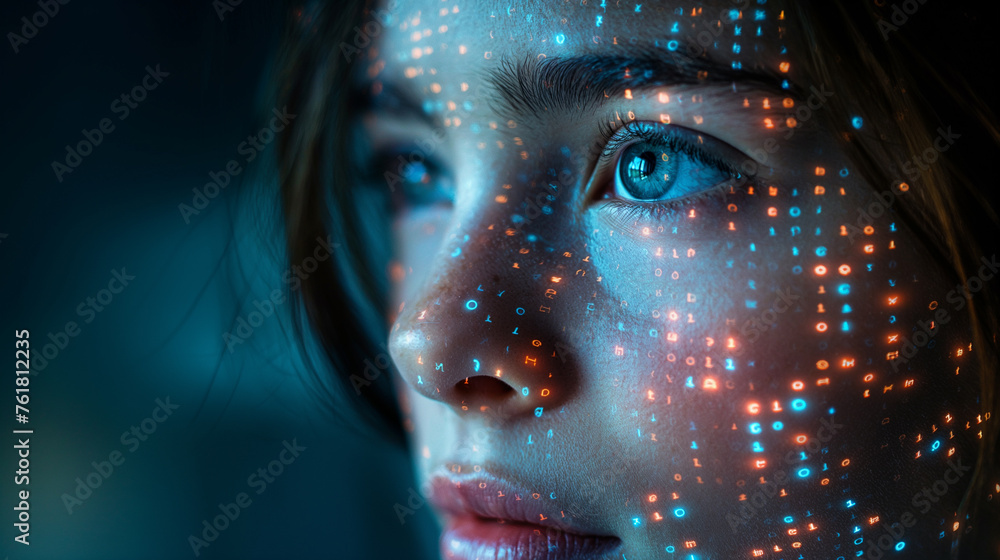 Woman's face with digital reflections, neon lights and light halos ...