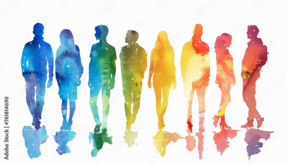 rainbow colored watercolor silhouettes of people on a white background ...