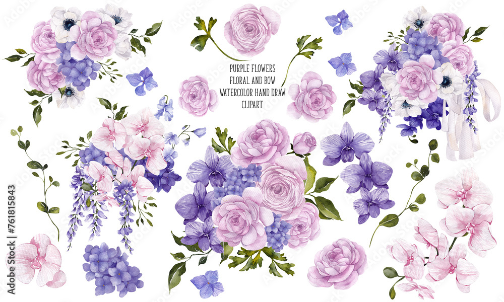 Watercolor hand draw purple clipart, violet flowers, wisteria, orchid ...