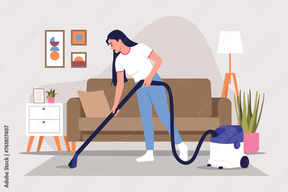 Vector illustration of a girl cleaning the room. Cartoon scene of a ...