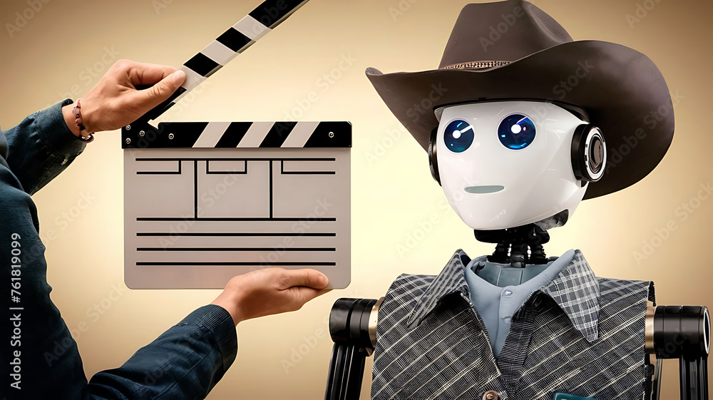 Actor robot, adorned in classic cowboy attire, ready for action as the ...