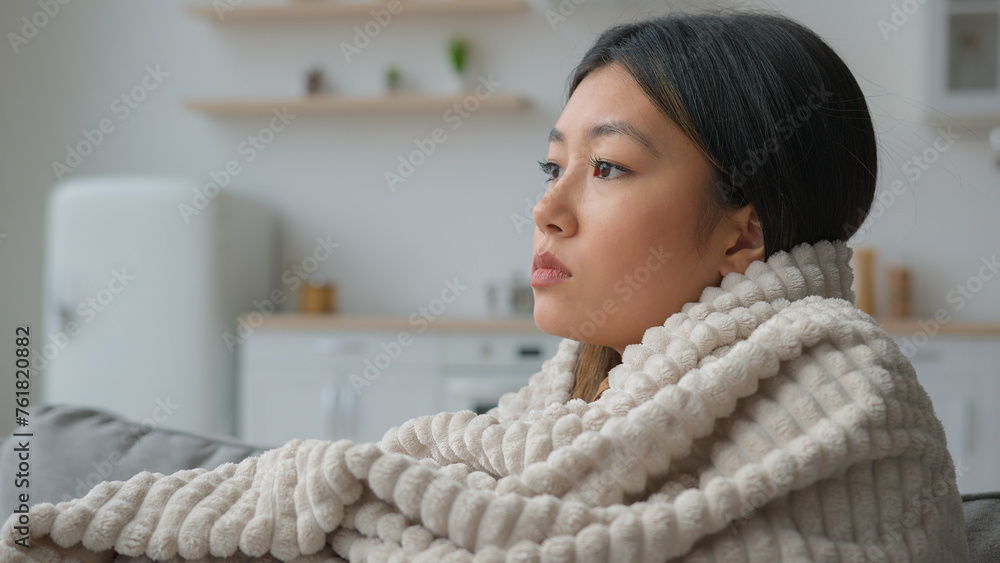 Poster Depressed upset lonely Asian woman look in side think suffer ...