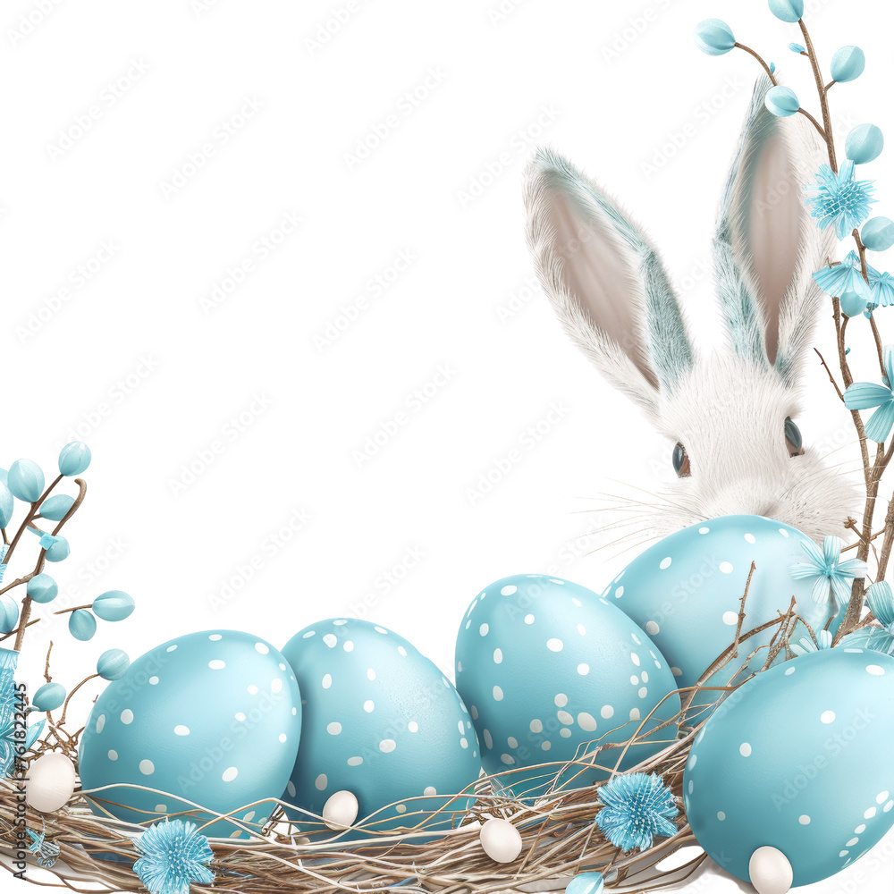 Easter themed border with blue eggs in a nest and bunny ears. Easter ...