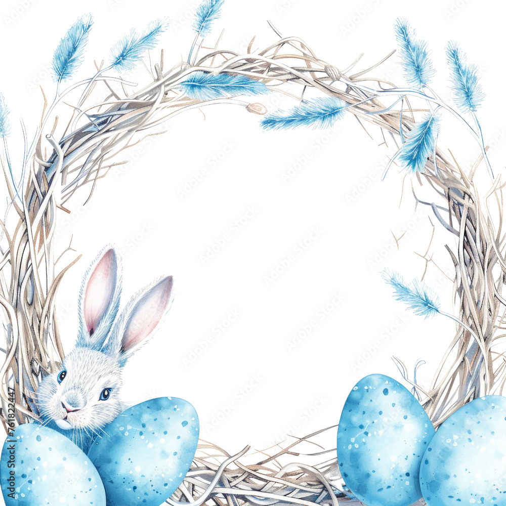 Easter themed border with blue eggs in a nest and bunny ears. Easter ...