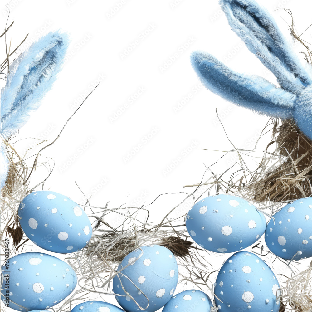 Easter themed border with blue eggs in a nest and bunny ears. Easter ...