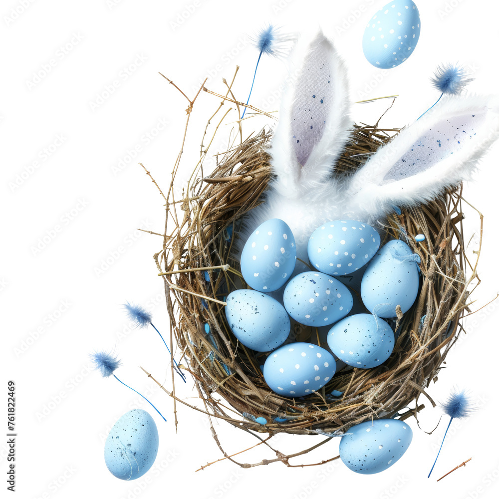 Easter themed border with blue eggs in a nest and bunny ears. Easter ...